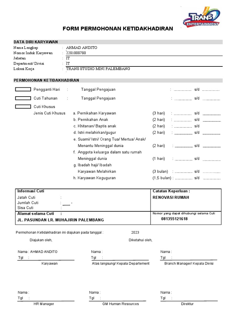 Form Permohonan Ketidakhadiran | PDF
