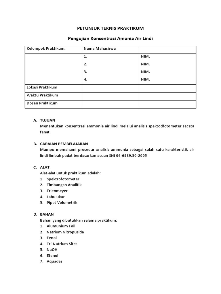 Petunjuk Teknis Praktikum - Pengujian Amonia 2 | PDF | Griya & Taman | Teknologi & Rekayasa