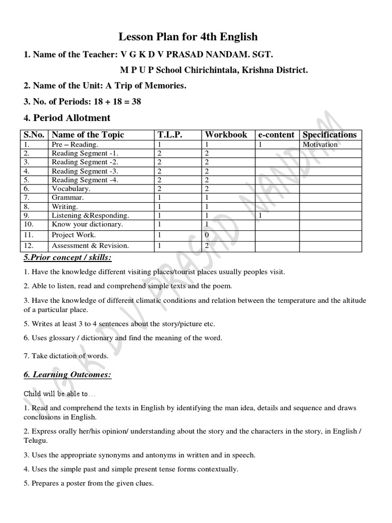 Lesson Plan For 4 TH English Unit 3 | PDF | Teachers | English Language
