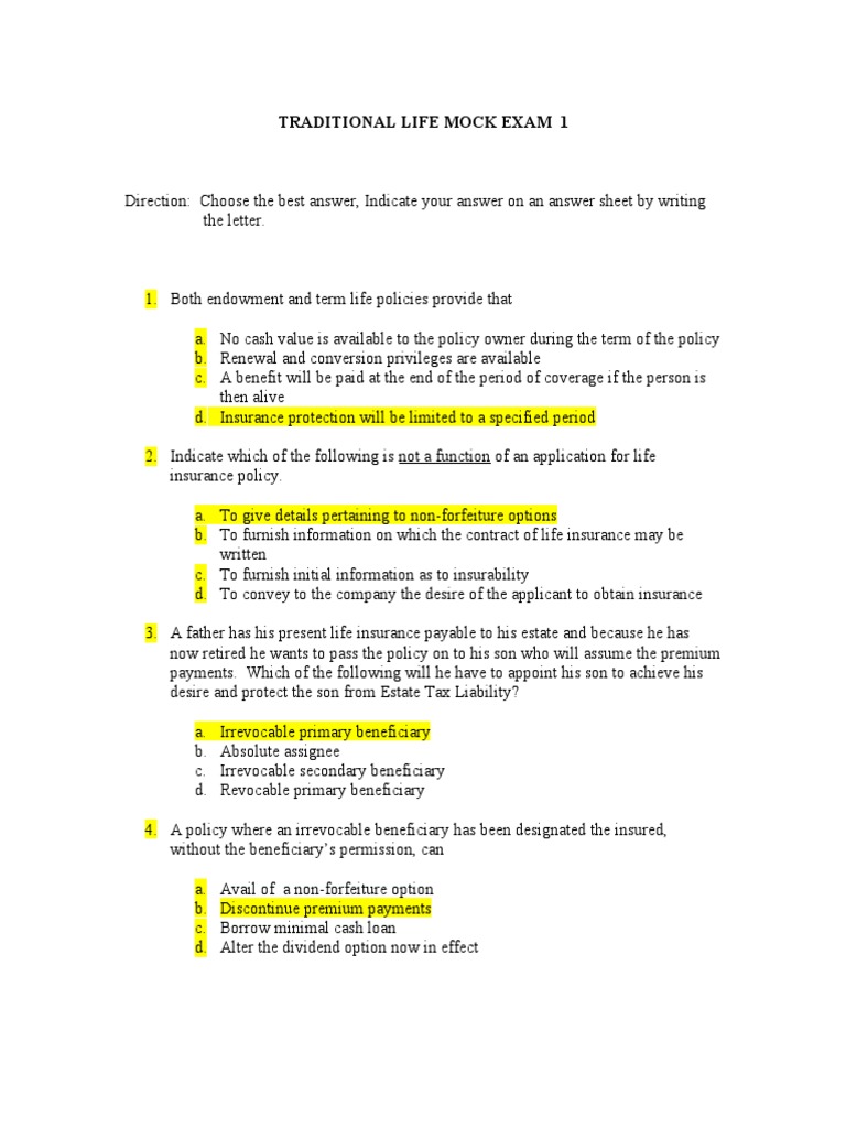 TRADITIONAL LIFE MOCK EXAM Full Exam | Download Free PDF | Insurance ...