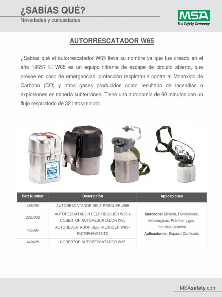 14 Ficha Tecnica - Autorescatador Minero W65 | PDF