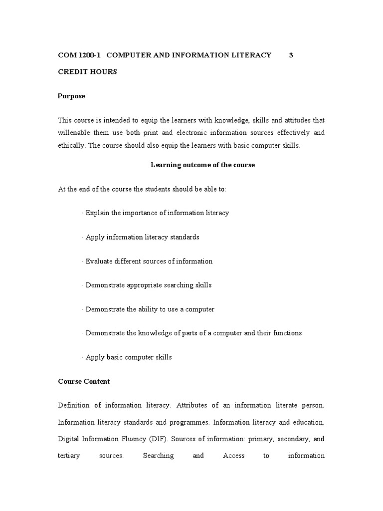COM 1200-1 Course Outline | PDF | Information Literacy | Literacy