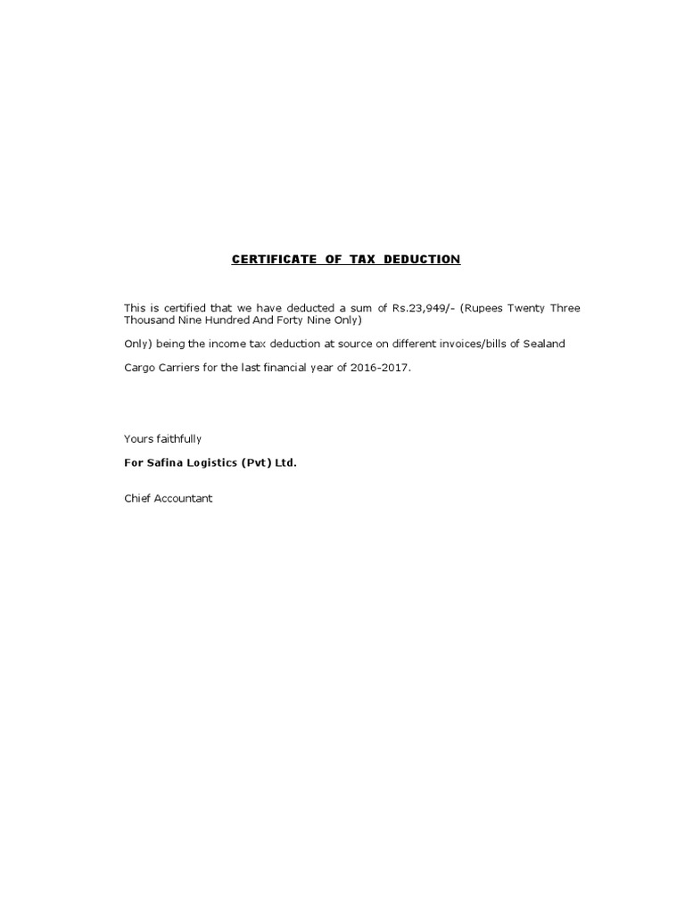 Safina Logistics - Certificate of Tax Deduction - 2016-2017 | PDF