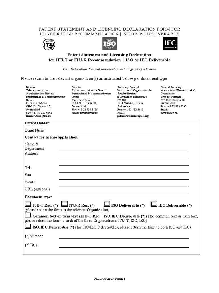 ITU ISO IEC Patent Statement and Licensing Declaration Form | PDF ...