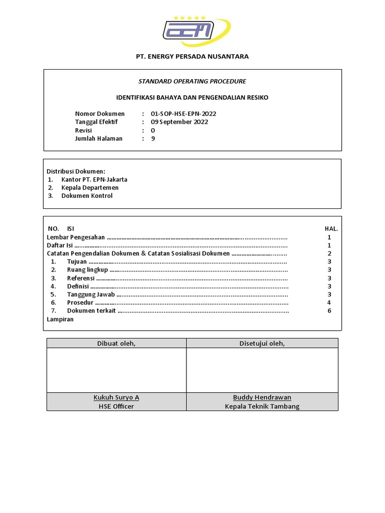 01-Sop-Hse-Epn-2022-Identifikasi Bahaya Dan Pengendalian Risiko | PDF