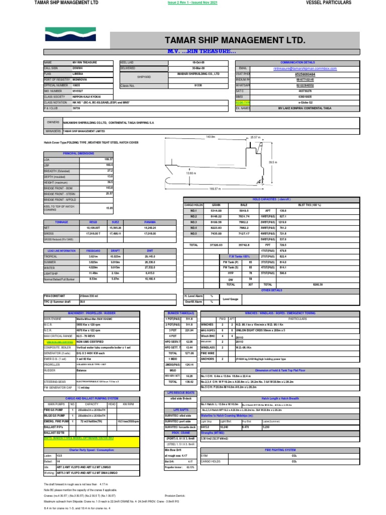 Vessel Particulars for the MV Rin Treasure | PDF | Ships | Watercraft