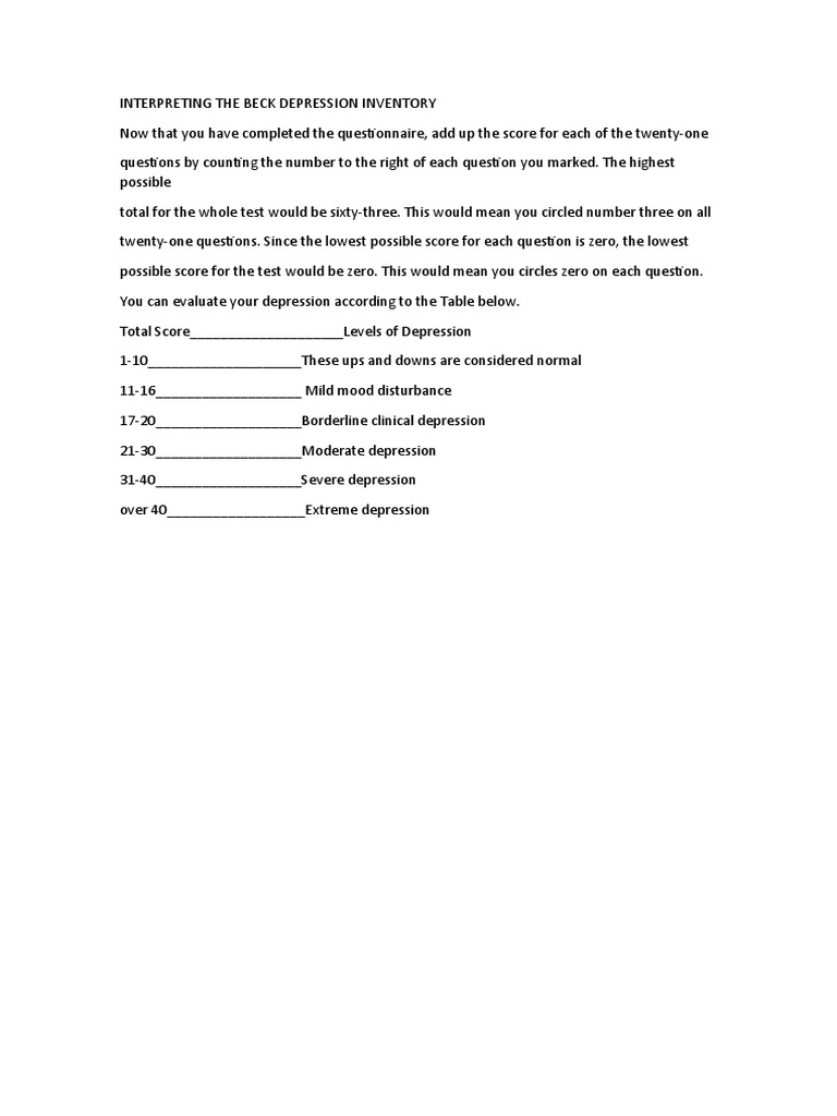 Interpreting Beck Depression Inventory | PDF | Teaching Methods & Materials