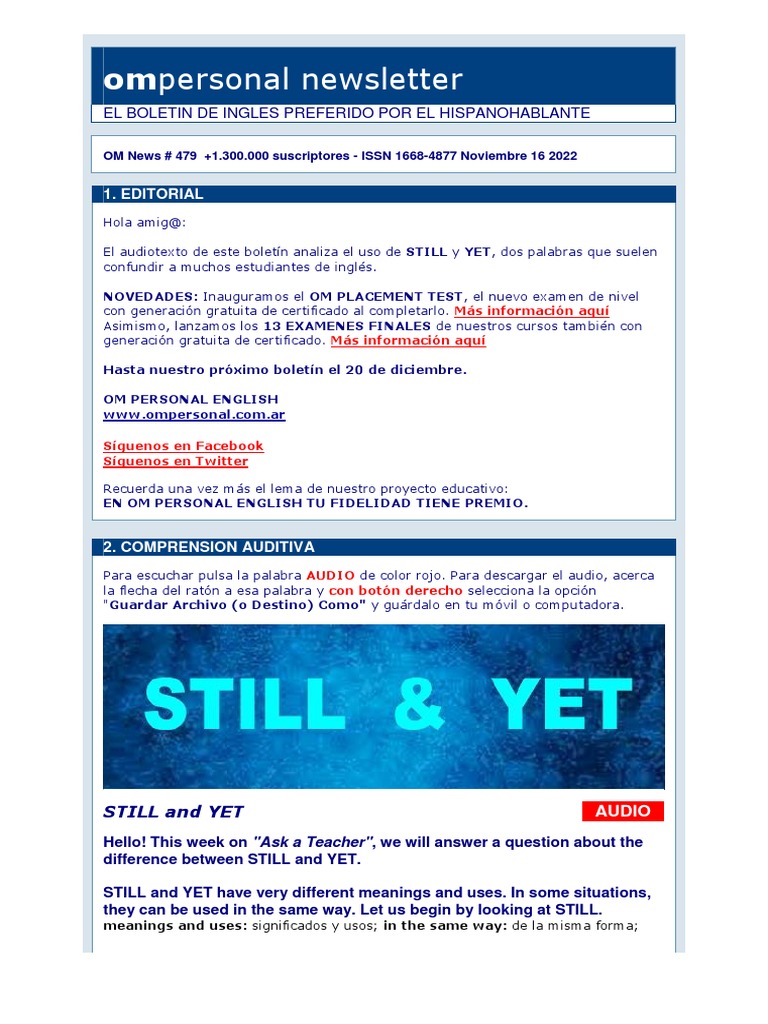 Uso de "Still" y "Yet" en Inglés | PDF