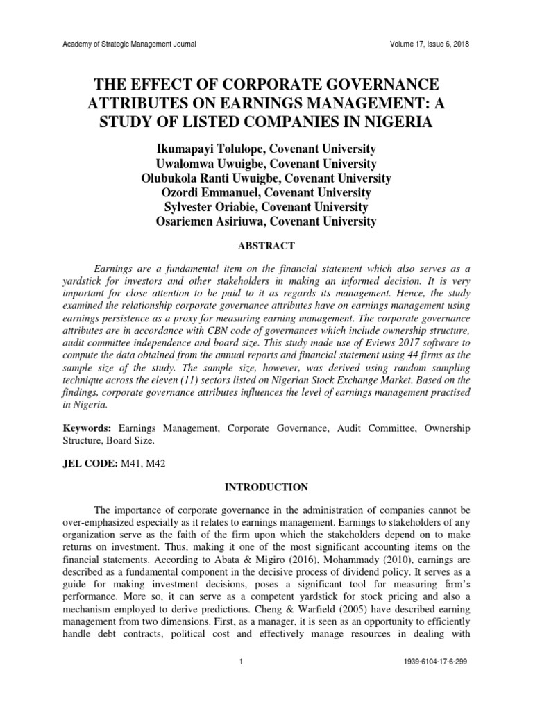 Tolulope Et Al 2018 Proquest | PDF | Corporate Governance | Governance
