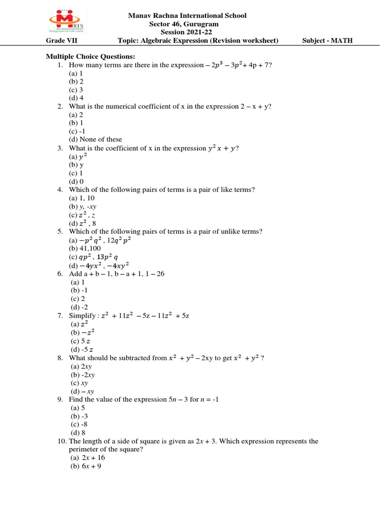 Grade 7 Algebra Revision Worksheet | PDF | Polynomial | Numerical Analysis