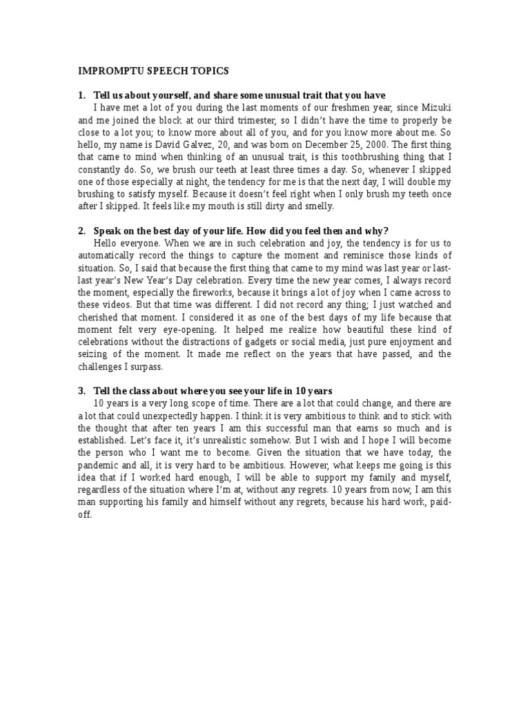 Impromptu Speech Topics | PDF | Thought | Communication