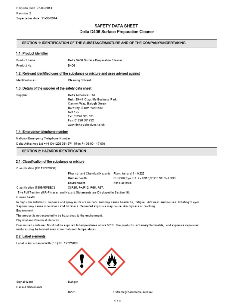 Safety Sheet: Delta D406 Cleaner | PDF | Firefighting | Dangerous Goods