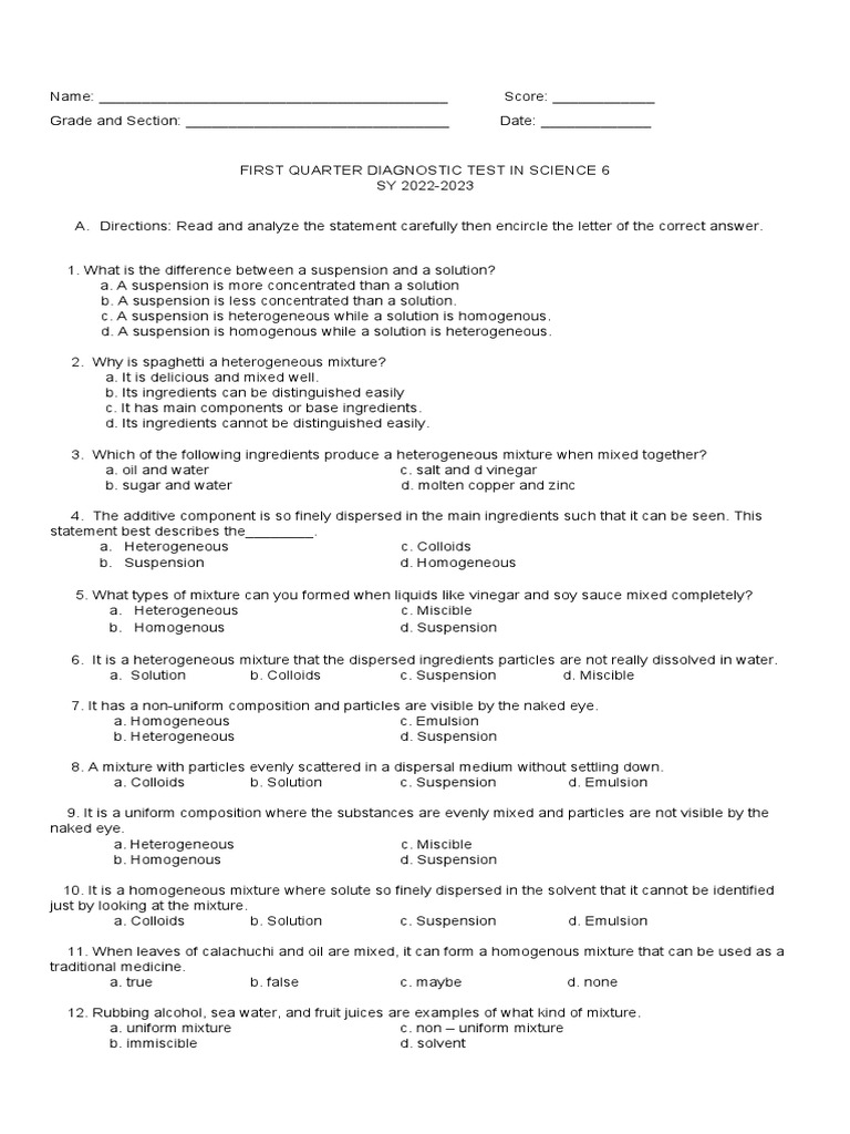 1st Quarter Diagnostic Test in Science G6 | PDF | Mixture | Suspension ...