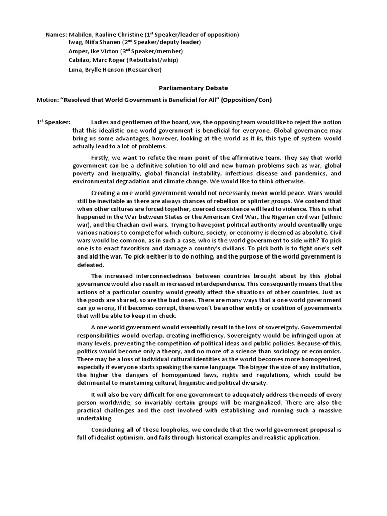 Parliamentary Debate "Resolved That World Government Is Beneficial For ...