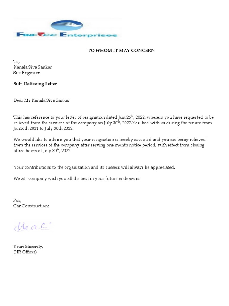 Relieving Letter Format | PDF