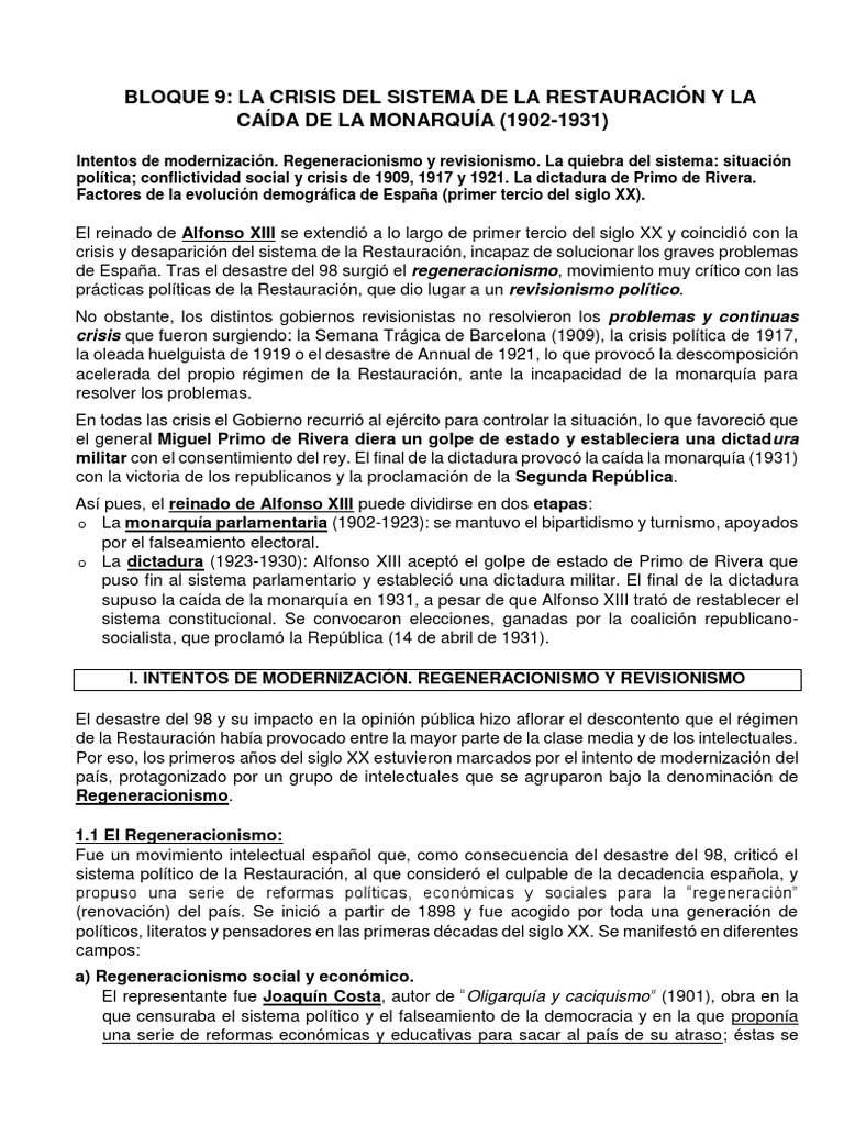 Bloque 9. La Crisis de La Restauración y La Caída de La Monarquía (1902-1931) | PDF | España ...