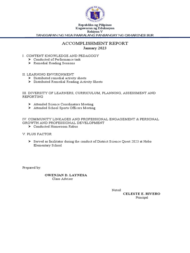Accomplishment Report January Pdf