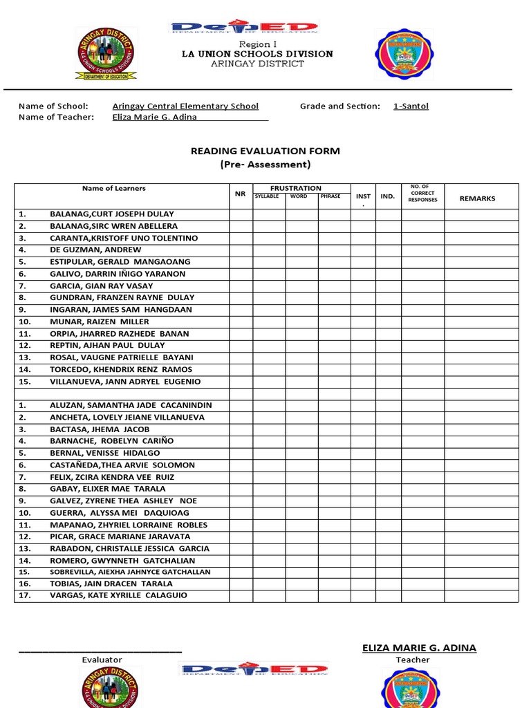 Aringay Central School Evaluation Forms | PDF