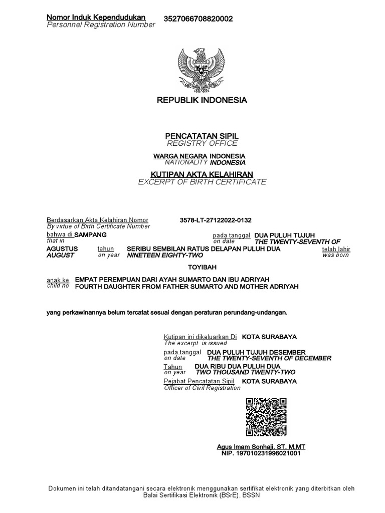 Contoh Akta Kelahiran Terbaru Surabaya | PDF