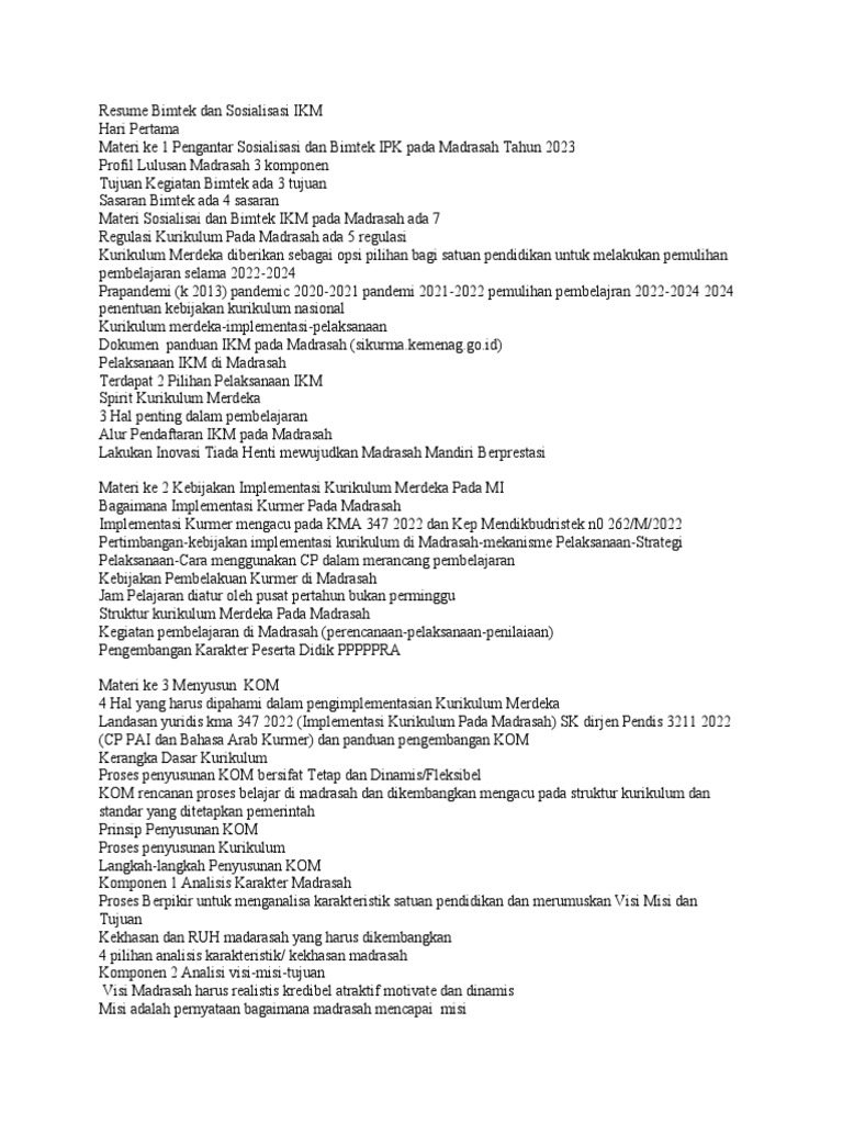 Kerangka Resume Bimtek IKM Madrasah | PDF