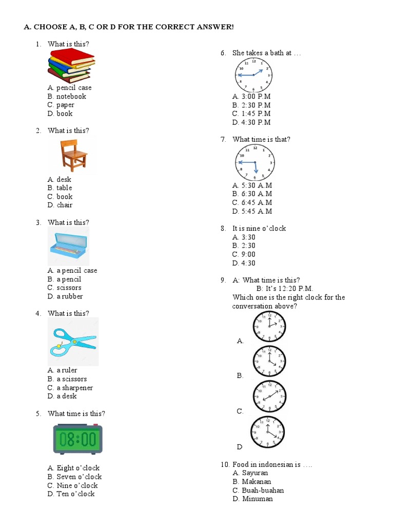 Multiple Choice and Fill in the Blank Questions about Time, Objects ...