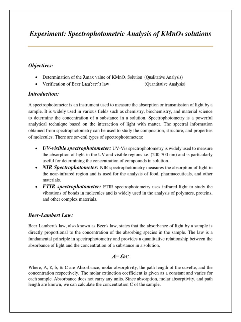 Spectrophotometric Analysis of KMnO4 Solutions | PDF ...
