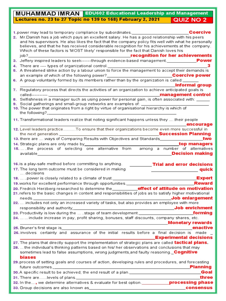 EDU 602 Final Quiz | PDF | Leadership | Decision Making
