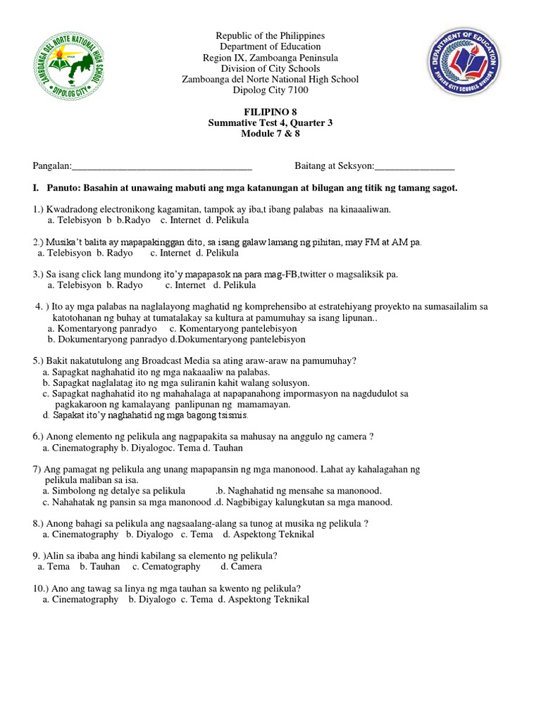 Fil8 - Q3 - Ikaapat Na Lagumang Pagsusulit | PDF