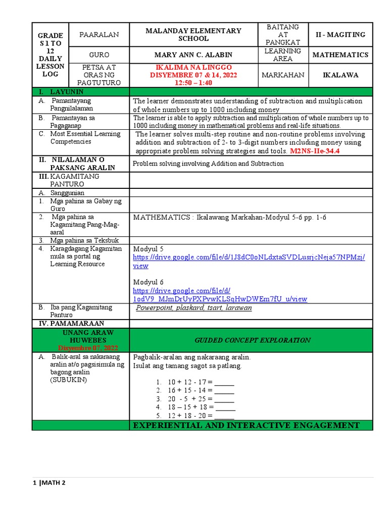 Alabin DLL Q2-W5 Math | PDF