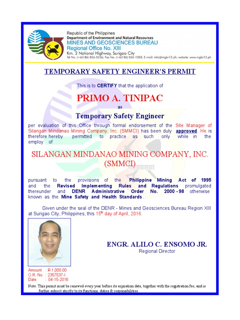 Temporary Safety Engr's Permit Template | PDF