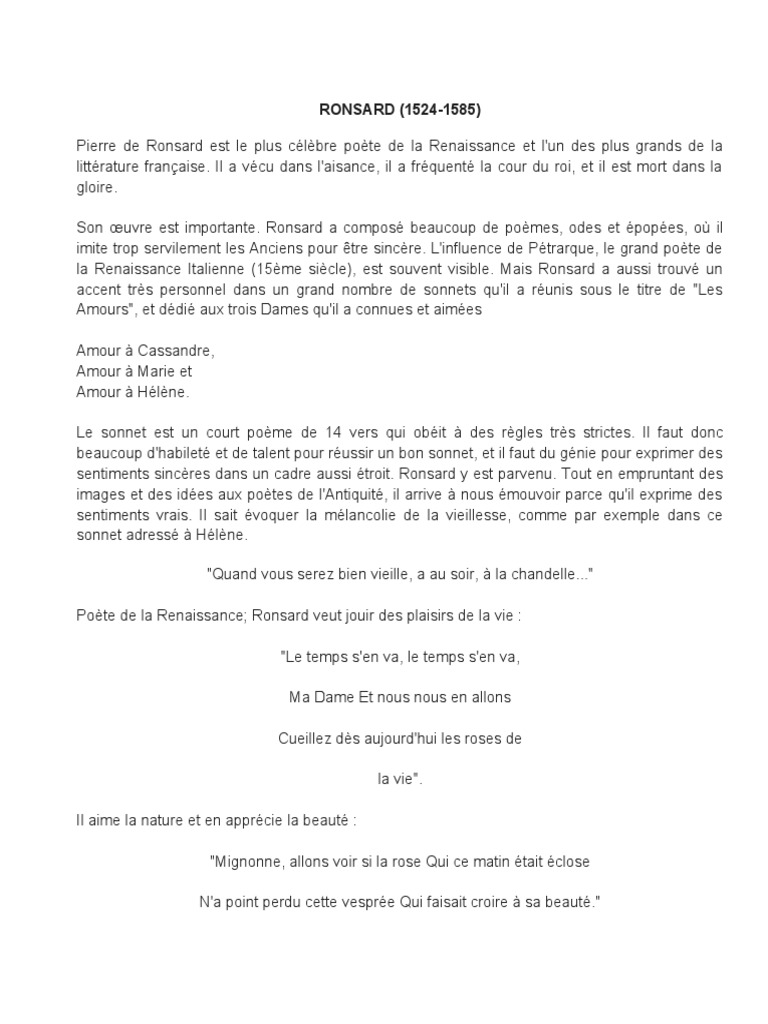 Ronsard : Poète de l'Amour et du Temps | PDF