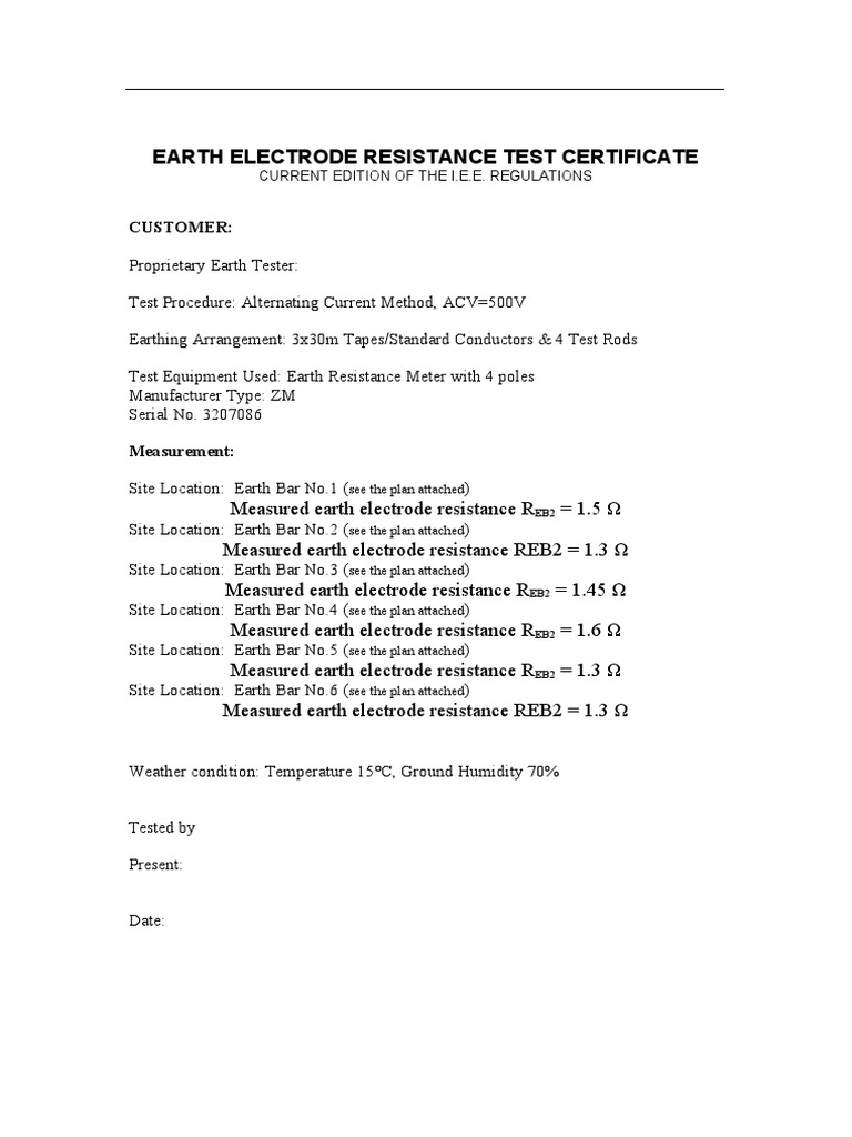 EARTH ELECTRODE RESISTANCE TEST Typical | PDF