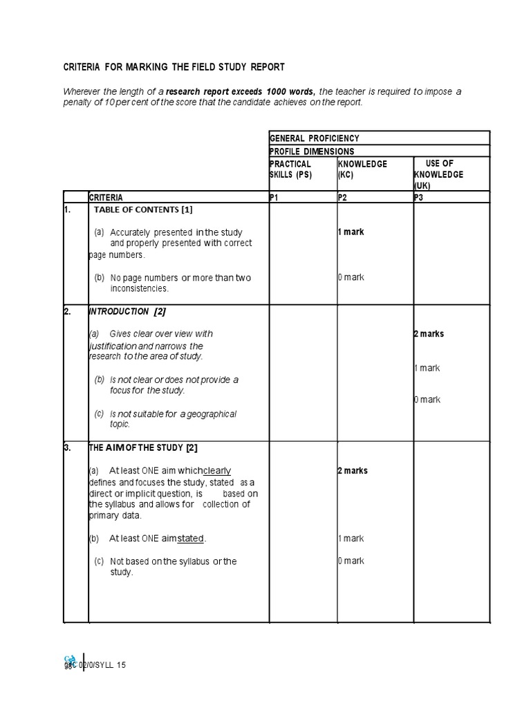 Criteria For Marking The Field Study Report | PDF | Map | Data