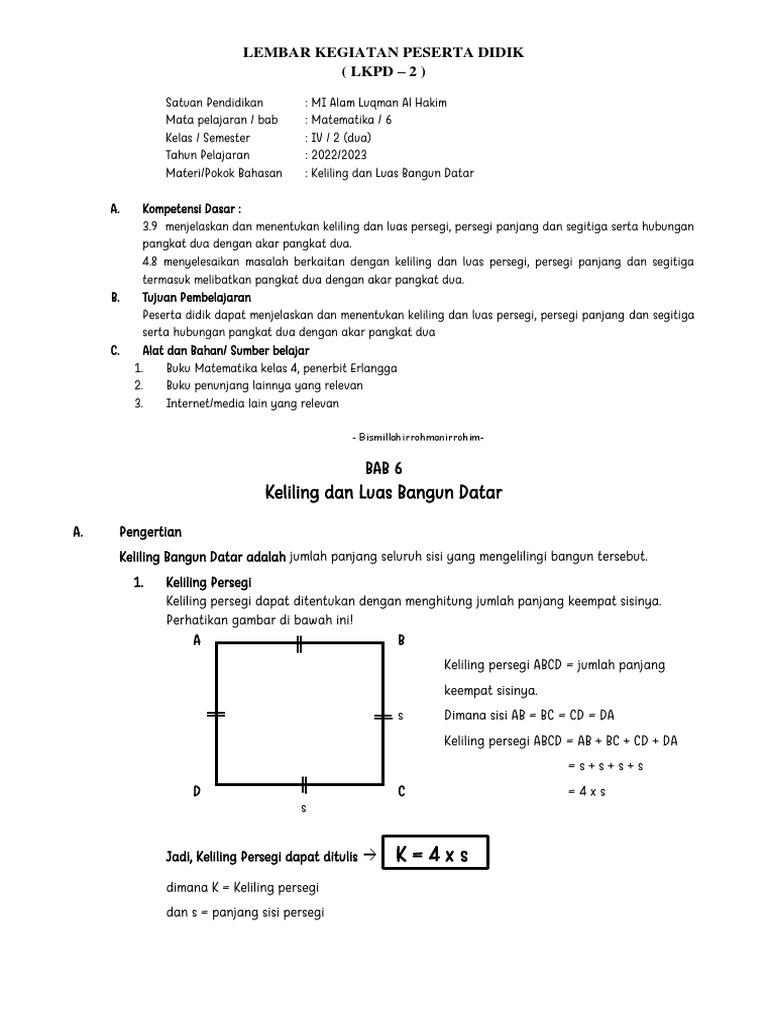 LKPD SMT 2 Bab 6 'Keliling Dan Luas Bangun Datar' | PDF