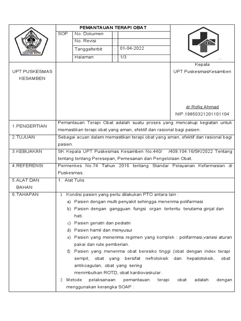 Sop Pto (Pemantauan Terapi Obat) | PDF