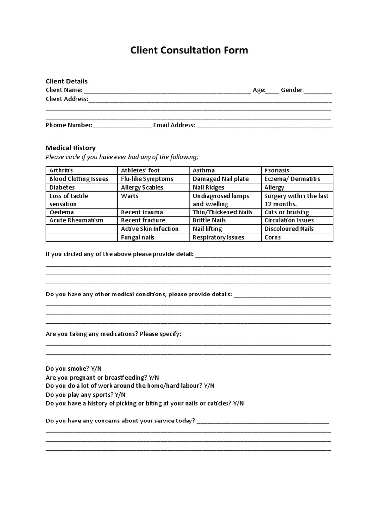 Client Consultation Form | PDF | Dermatitis | Nail (Anatomy)
