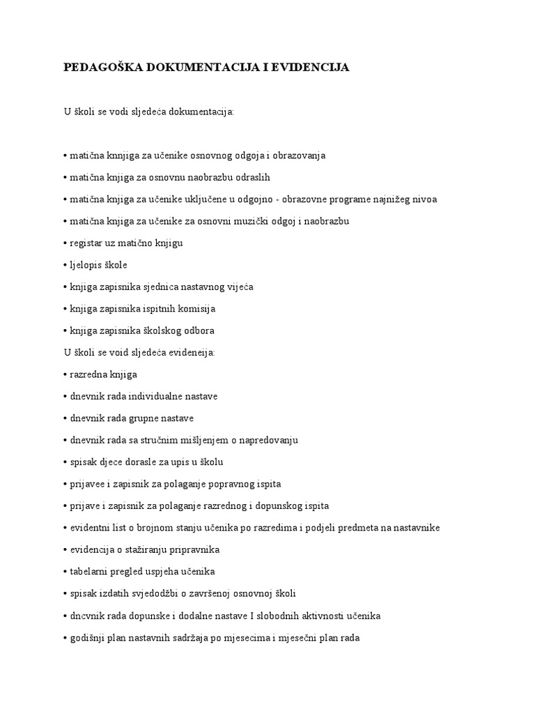Pedagoška Dokumentacija I Evidencija | PDF