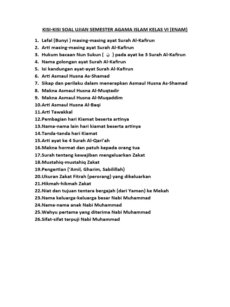 Kisi-Kisi Soal Agama Islam Kelas 6 | PDF