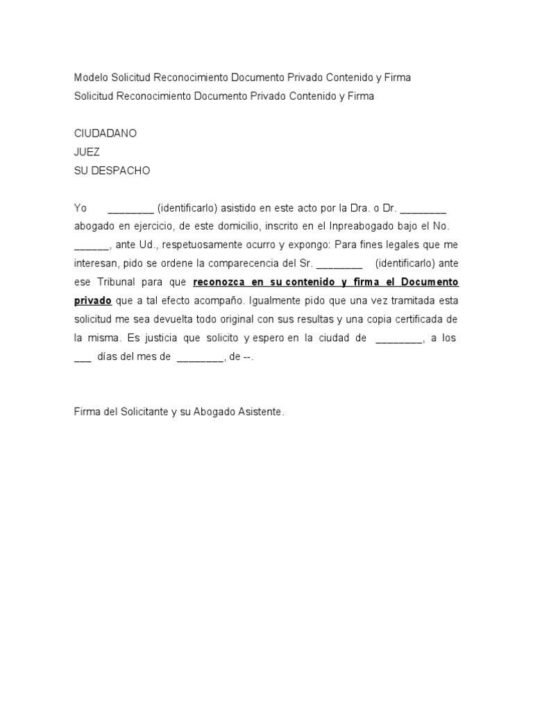 Modelo Solicitud Reconocimiento Documento Privado Contenido y Firma | PDF