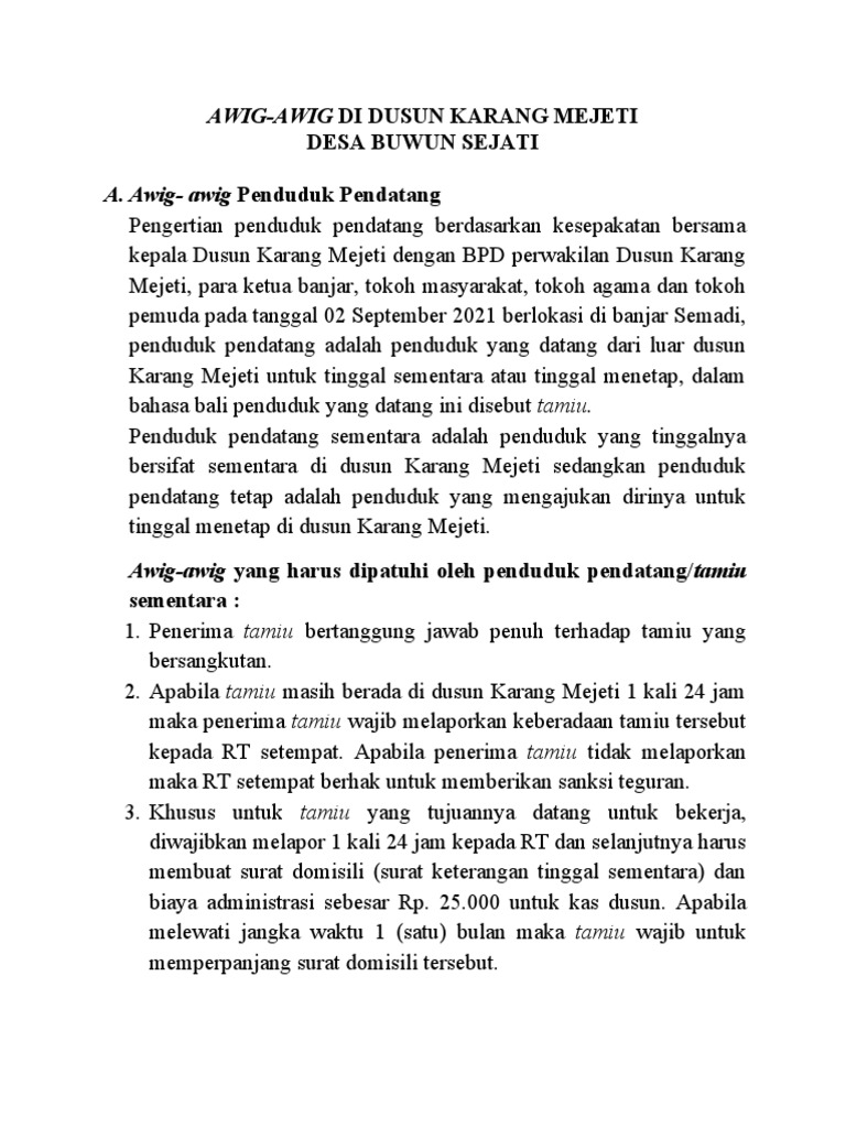 Awig-Awig Dusun Karang Mejeti | PDF