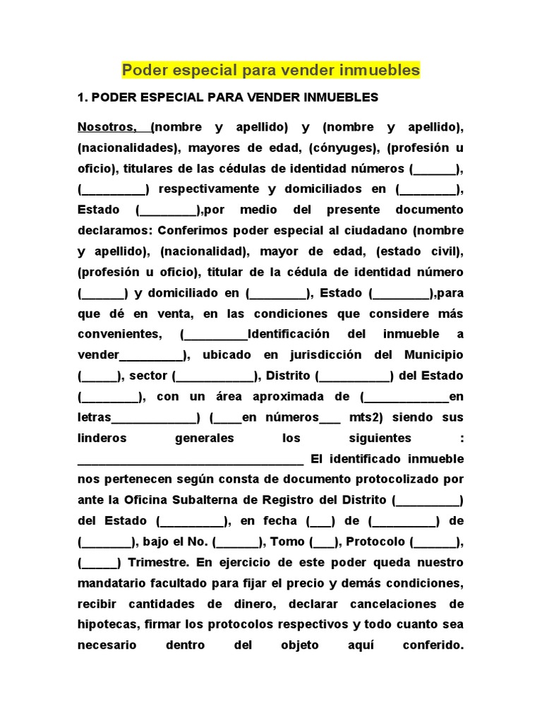 Poder Especial para Vender Inmuebles | PDF | Propiedad | Bancos