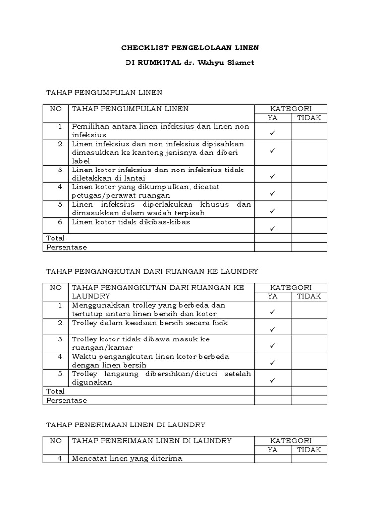 CHECKLIST PENGELOLAAN LINEN RUMAH SAKIT Dr. Wahyu Slamet | PDF