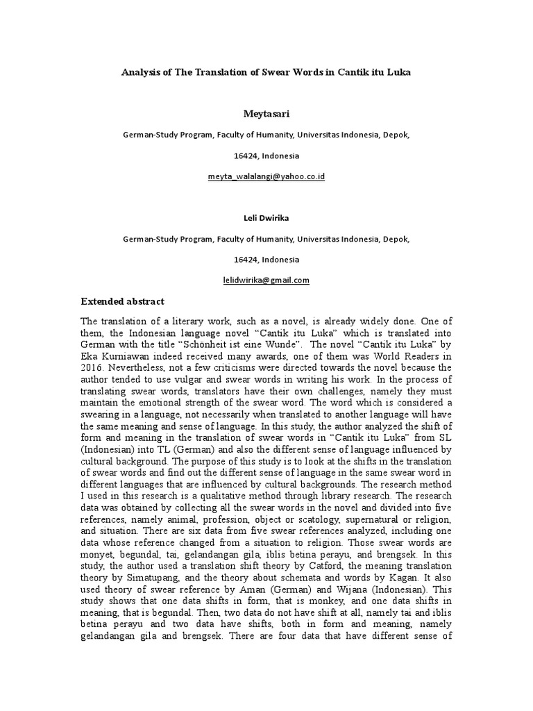Analysis of The Translation of Swear Words in Cantik Itu Luka | PDF ...