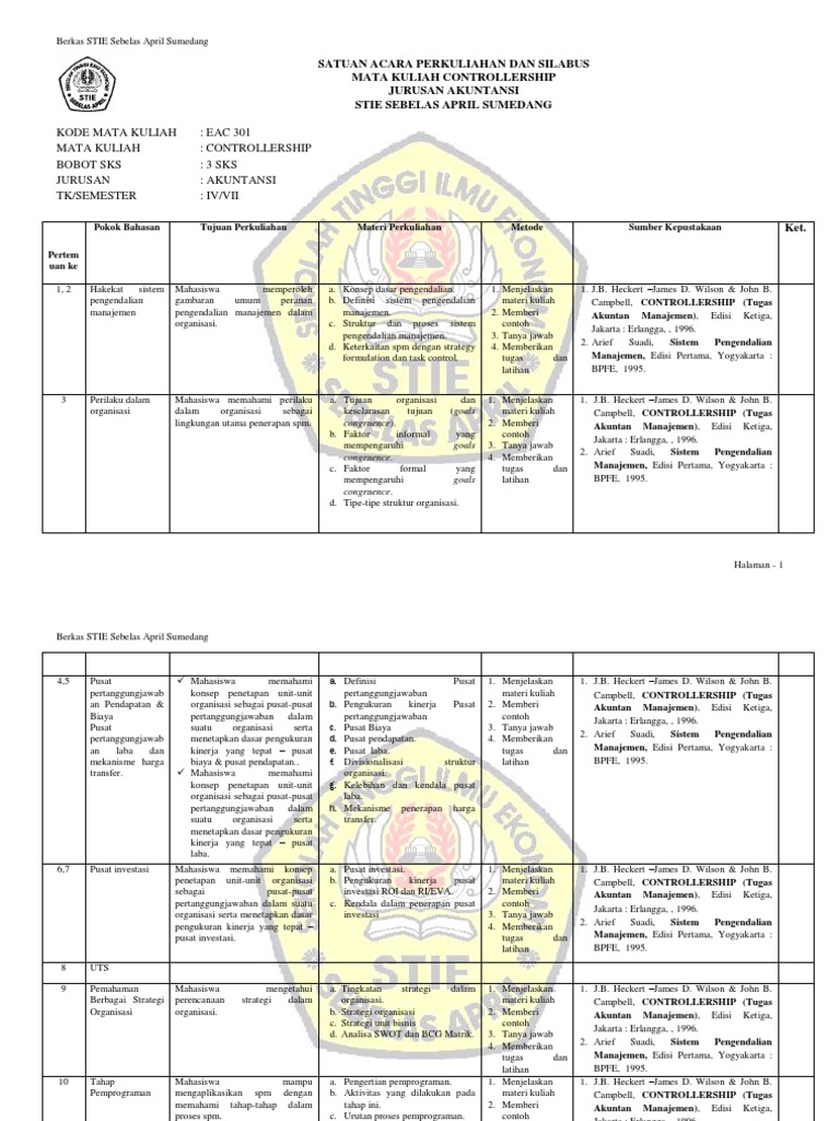 Silabus Mata Kuliah Controllership | PDF