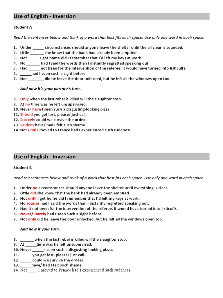Use of English - Inversion: Student Responses to Sentences Requiring Subject-Verb Inversion | PDF