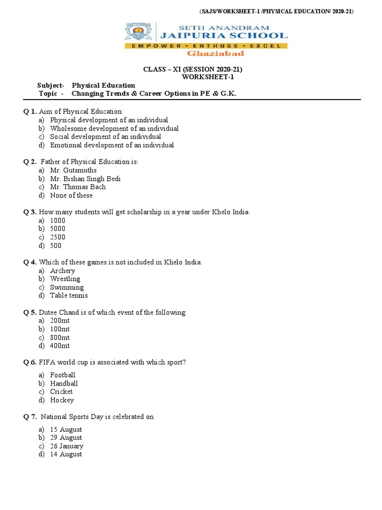 GZB - Xi - WS1 - Physical Education - CH-1 - Changing Trends & Career Options in Physical ...