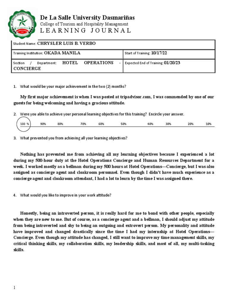 Practicum Learning Journal After Training - VERBO | PDF | Behavior Modification