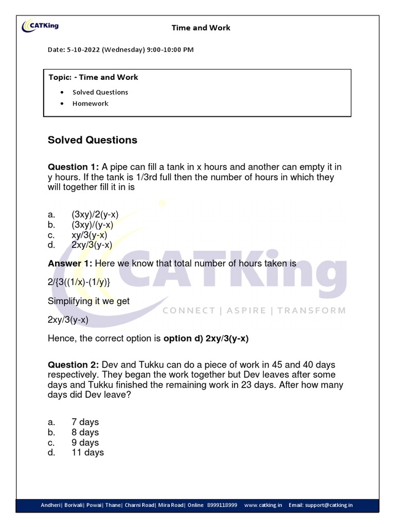 CAT Exam Time & Work Solutions | PDF | Mathematics