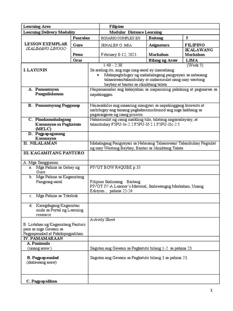 Filipino 5-LE-Q2-W5-LUCENA | PDF