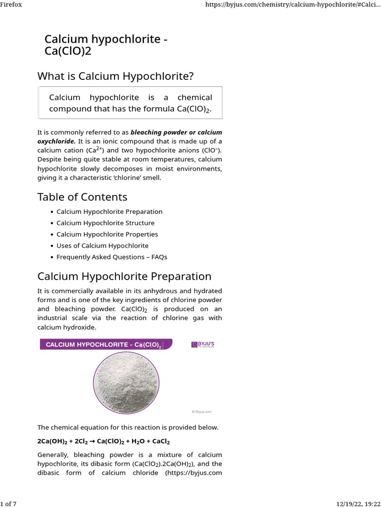 Calcium Hypochlorite: Structure and Uses | PDF | Chlorine | Materials